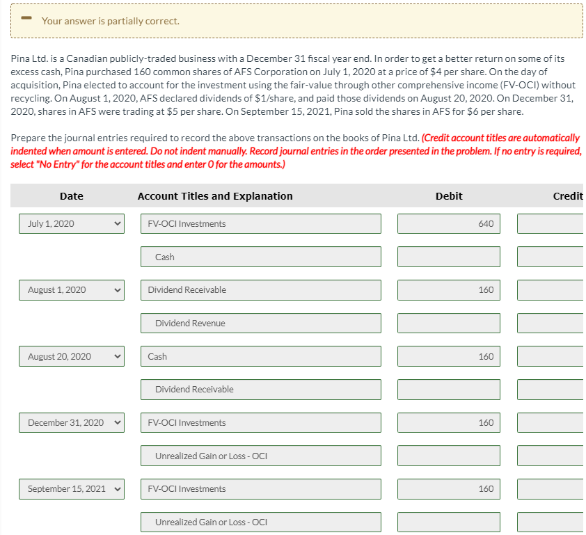 Solved September 15, 2021 FV-OCI Investments 160 Unrealized | Chegg.com