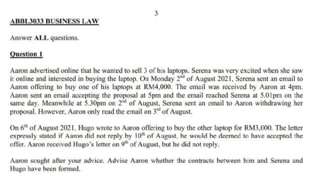 Solved 3 ABBL3033 BUSINESS LAW Answer ALL questions. | Chegg.com