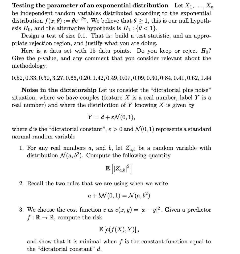 Testing the parameter of an exponential distribution | Chegg.com