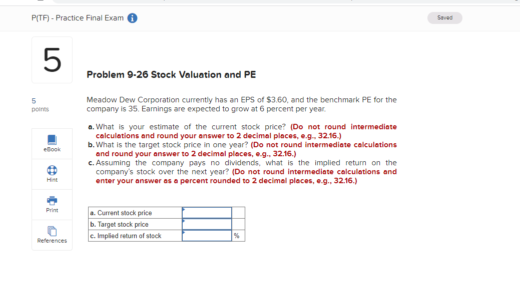 Solved Problem 9-26 Stock Valuation and PE Meadow Dew | Chegg.com