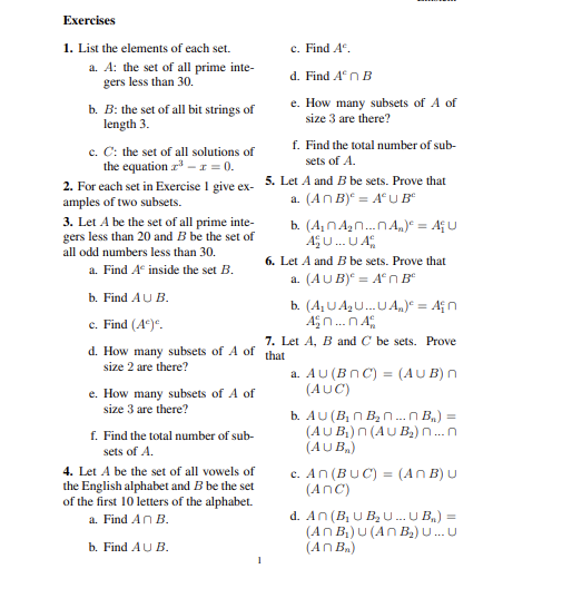 Solved 1. List the elements of each set. c. Find Ac. a. A : | Chegg.com