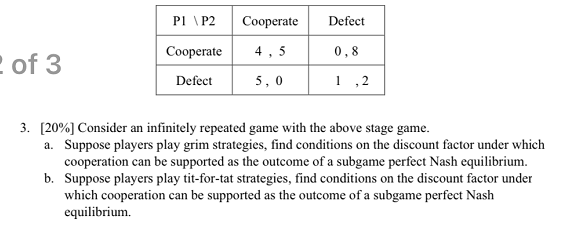 Solved PI \P2 Cooperate Defect 4,5 0,8 of 3 Cooperate Defect | Chegg.com
