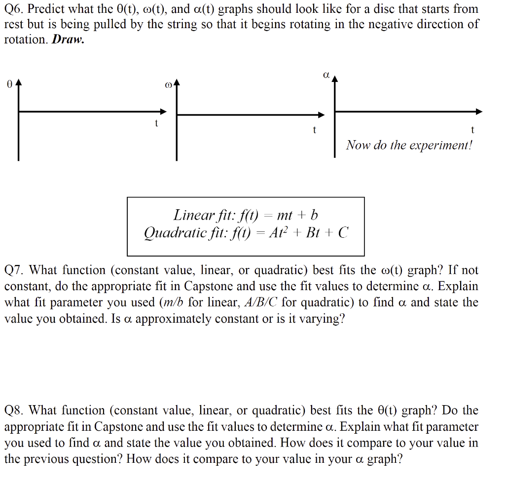 Q6. Predict what the θ(t),ω(t), and α(t) graphs | Chegg.com