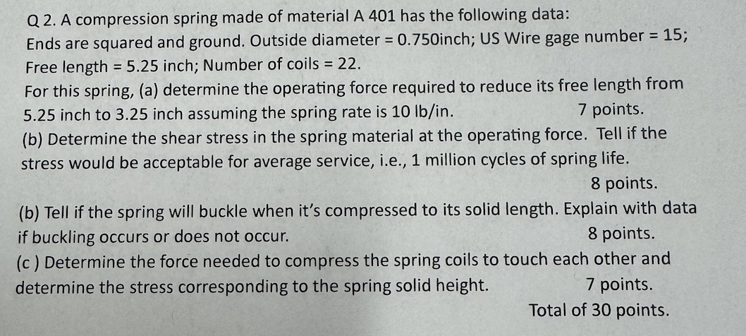 Solved Q 2. A compression spring made of material A401 has | Chegg.com