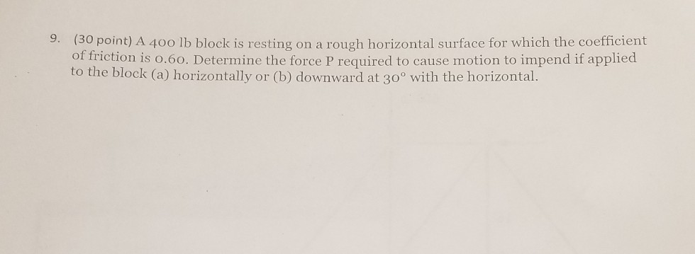 Solved 9. (30 point) A 400 lb block is resting on a rough | Chegg.com