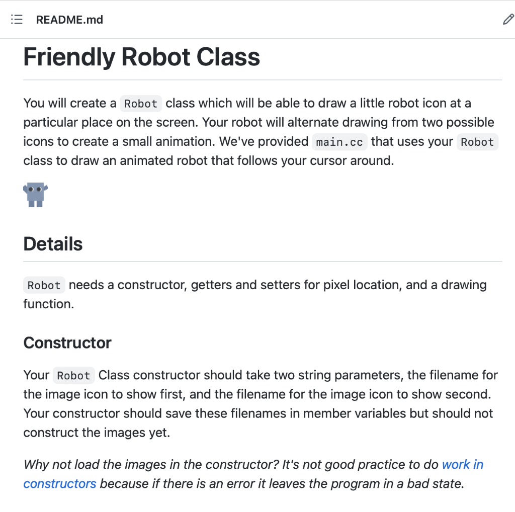 Solved README.md Friendly Robot Class You will create a | Chegg.com