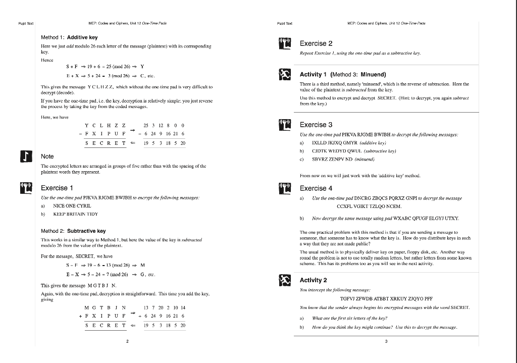 Solved Pupil Text MEP: Codes and Ciphers, Unit 12 One-Time | Chegg.com
