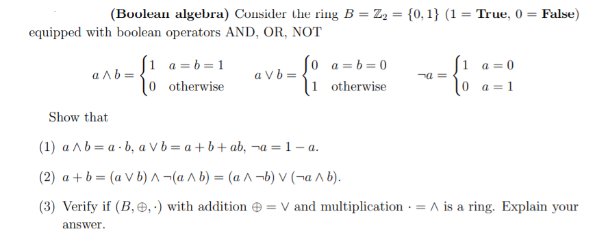 Solved (Boolean algebra) Consider the ring B = Z2 = {0,1} (1 | Chegg.com