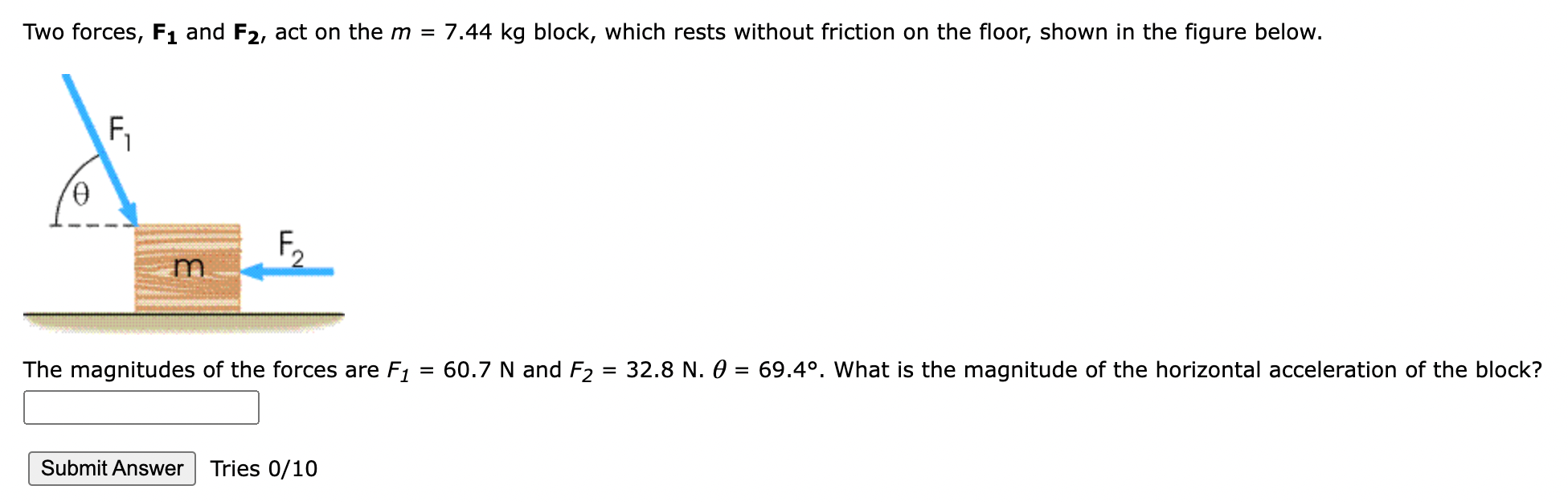 Solved Two forces, F1 and F2, act on the m=7.44 kg block, | Chegg.com