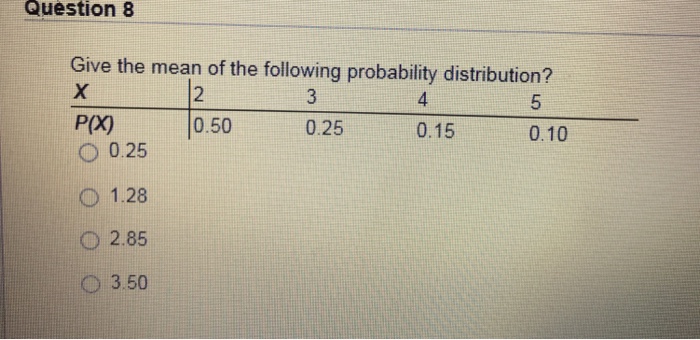 Solved Question 8 Give the mean of the following probability | Chegg.com