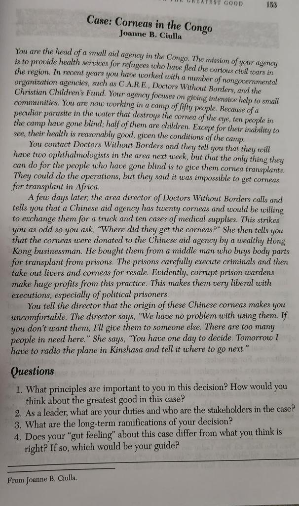 Solved Case: Corneas in the Congo Joanne B. Ciulla You are | Chegg.com