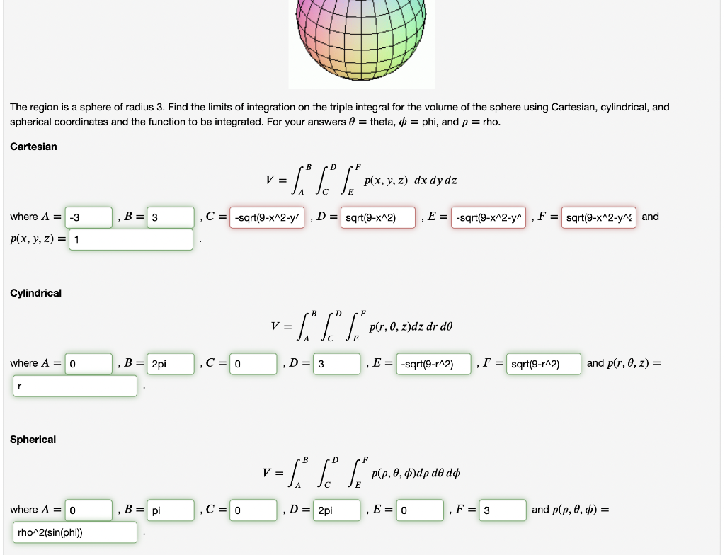 Solved The region is a sphere of radius 3 . Find the limits | Chegg.com