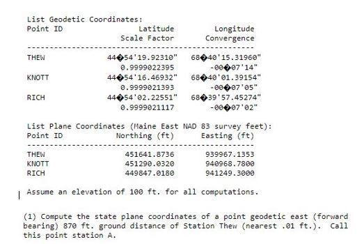 (1) Compute the state plane coordinates of a point | Chegg.com