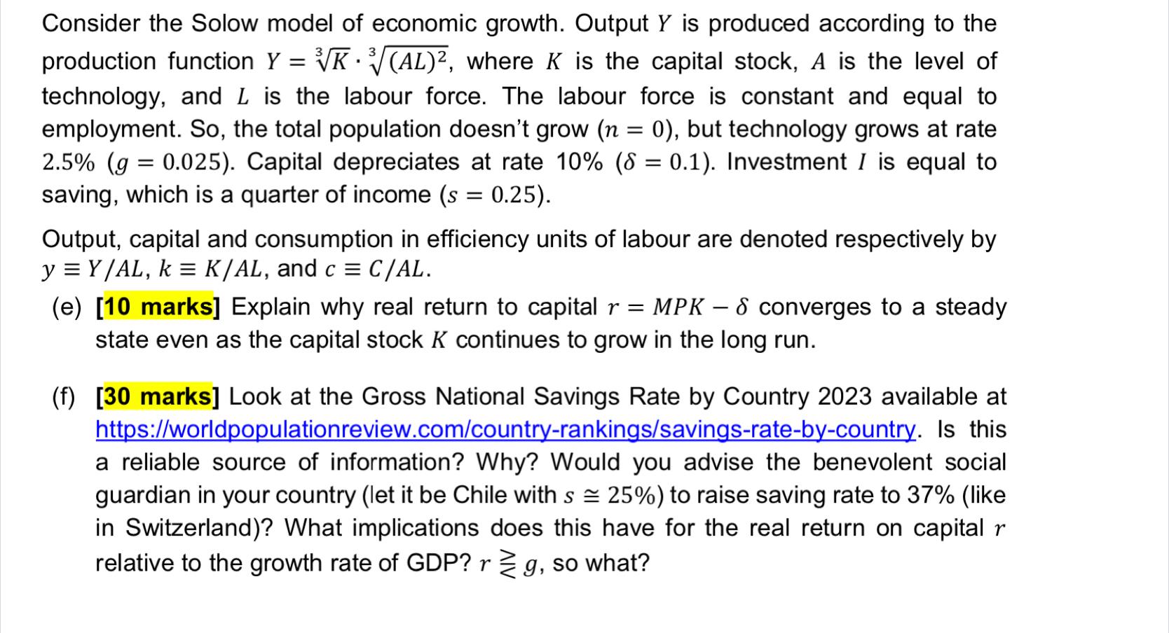 Solved Consider the Solow model of economic growth. Output Y | Chegg.com