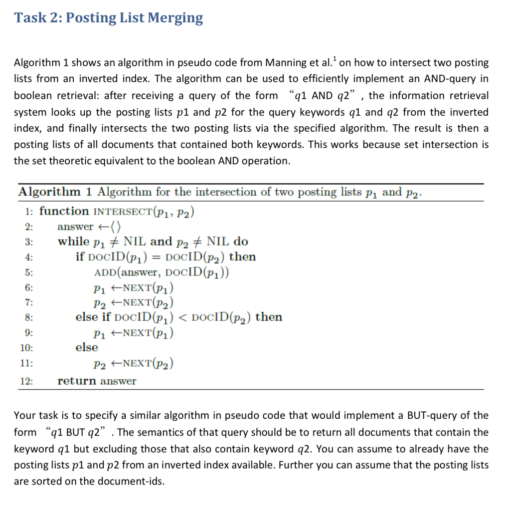 Task 2: Posting List Merging Algorithm 1 shows an | Chegg.com