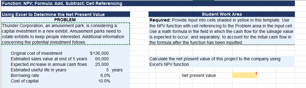 Solved Function: NPV; Formula: Add, Subtract; Cell | Chegg.com
