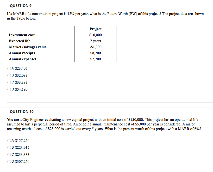 Solved QUESTION 9 If a MARR of a construction project is 12% | Chegg.com