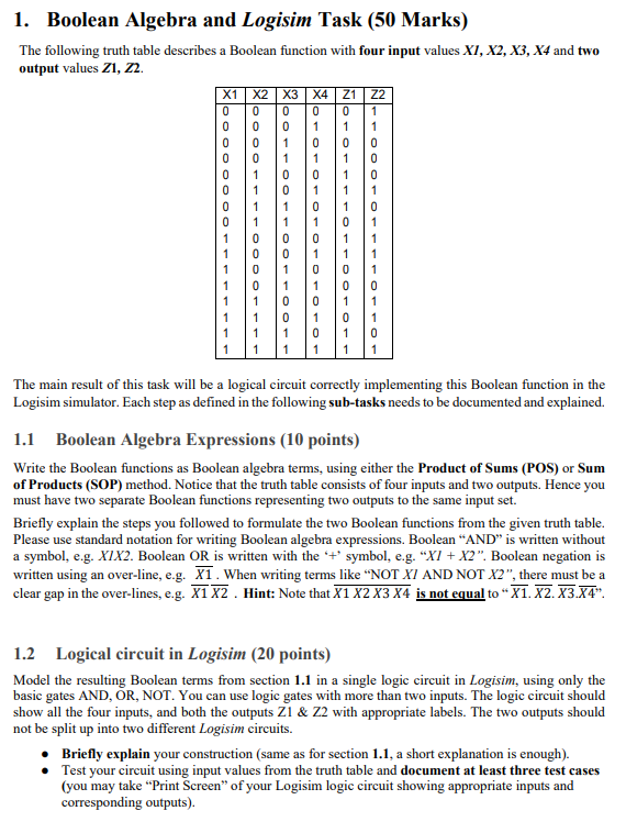 Solved 1. Boolean Algebra and Logisim Task (50 Marks) The | Chegg.com