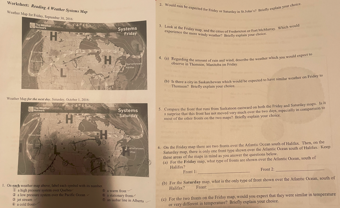 Solved Worksheet: Reading A Weather Systems MapWeather Map | Chegg.com