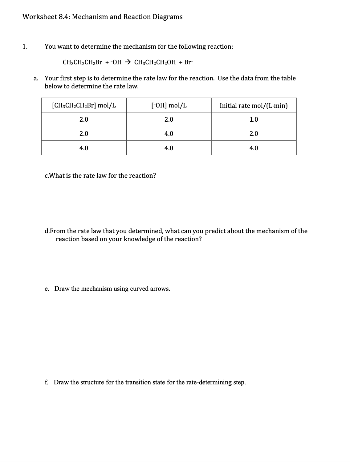 Worksheet 8.4: Mechanism and Reaction DiagramsYou | Chegg.com