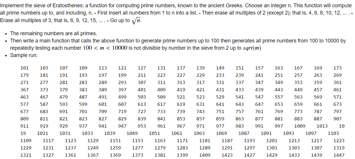 Solved Implement the sieve of Eratosthenes: a function for | Chegg.com