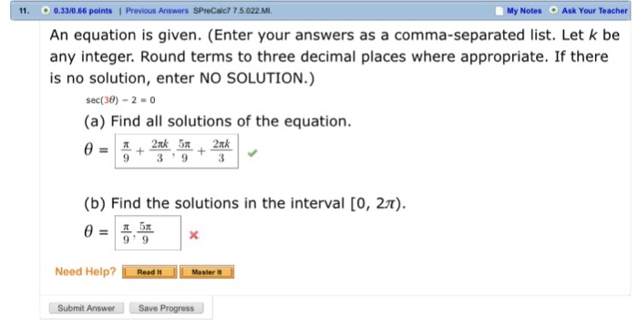 Solved An Equation Is Given Enter Your Answers As A Chegg