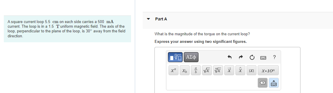 Solved A square current loop 5.5 cm on each side carries a | Chegg.com