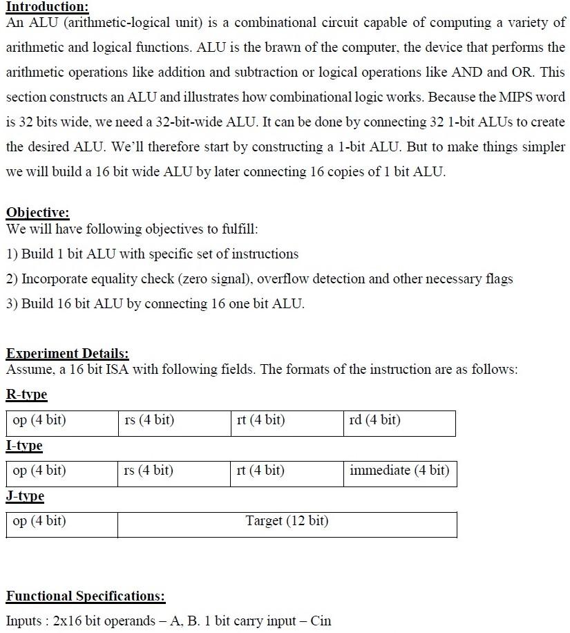 Introduction: An ALU (arithmetic-logical unit) is a | Chegg.com