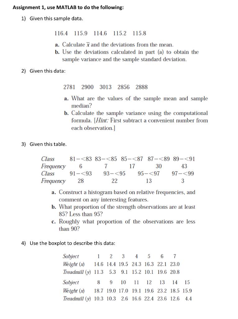 Solved ssignment 1, use MATLAB to do the following: 1) Given | Chegg.com