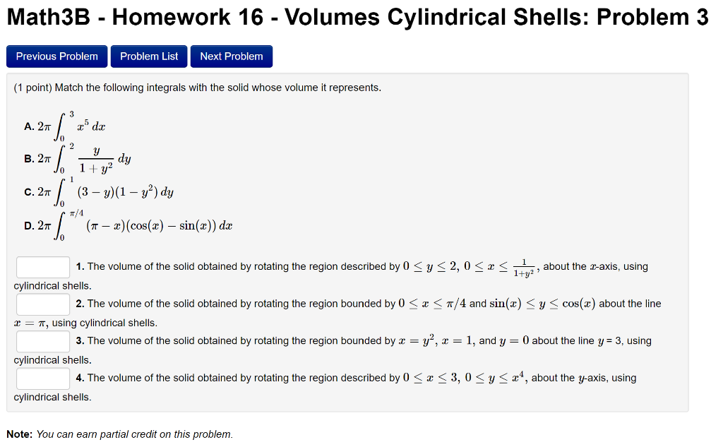Solved Math3B - Homework 16 - Volumes Cylindrical Shells: | Chegg.com