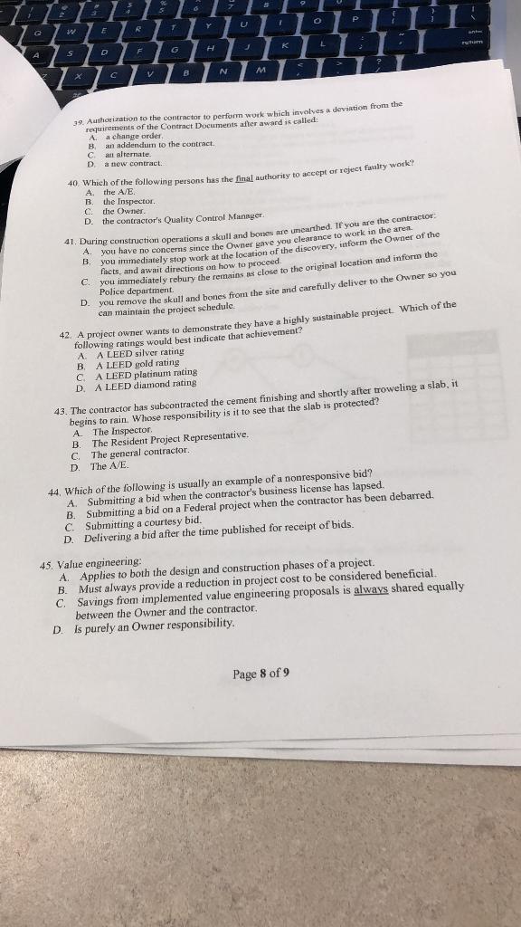 Solved 39. Authorization to the contractor to perform work | Chegg.com