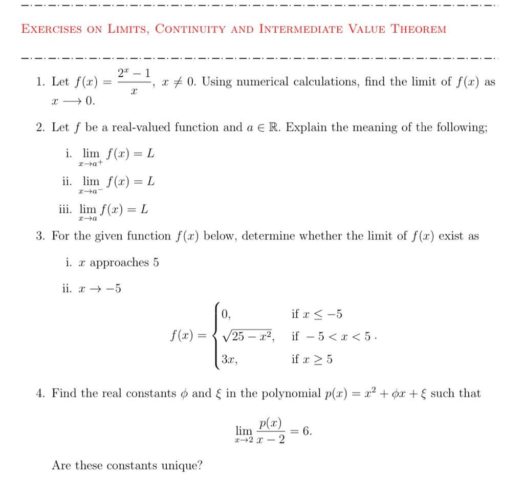 Solved EXERCISES ON LIMITS, CONTINUITY AND INTERMEDIATE | Chegg.com