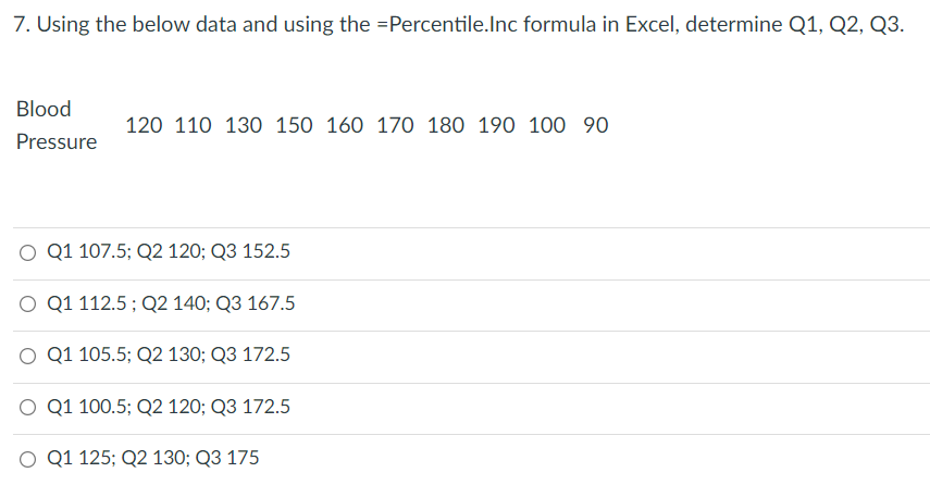 Solved 7. Using the below data and using the Percentile.Inc | Chegg.com
