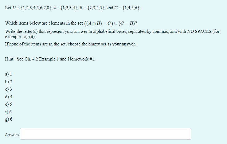 Solved Let U={1,2,3,4,5,6,7,8},A={1,2,3,4},B={2,3,4,5}, and | Chegg.com