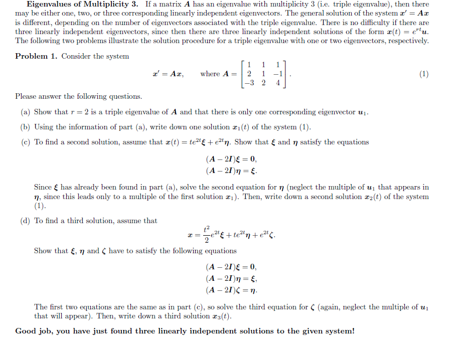 Eigenvalues of Multiplicity 3. If a matrix A has an | Chegg.com