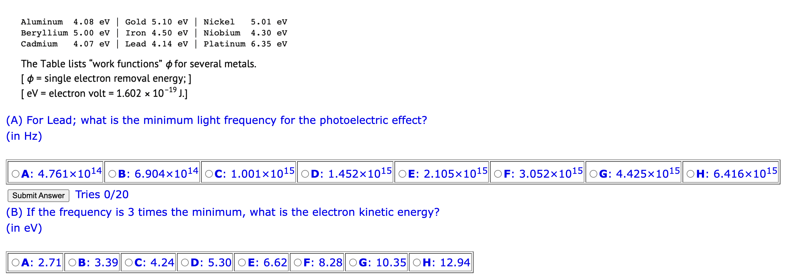 Solved The Table lists \"work functions\" \\( \\phi \\) for | Chegg.com