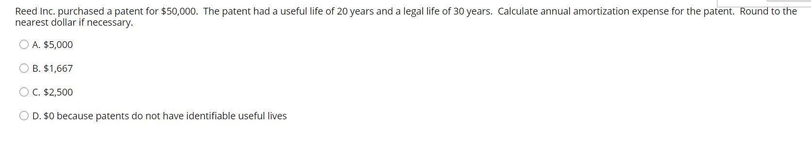 Solved Reed Inc. purchased a patent for $50,000. The patent | Chegg.com