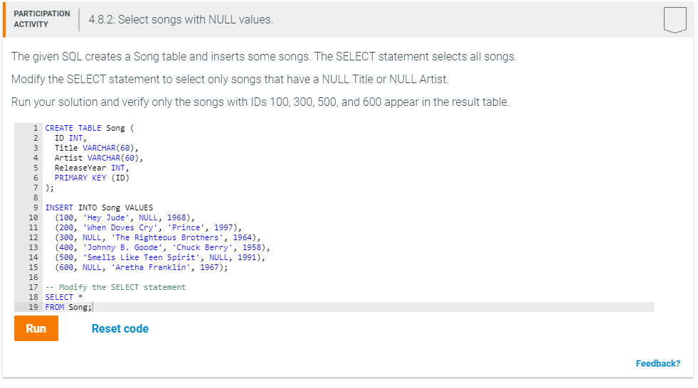 PARTICIPATION ACTIVITY 4 8 2 Select Songs With NULL Values The Given 