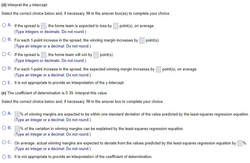 Solved and response variable home team winning margin, y, is | Chegg.com