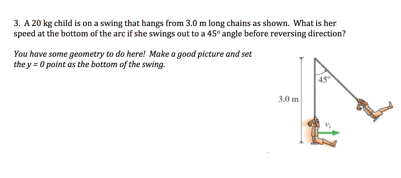 Solved 3. A 20 kg child is on a swing that hangs from 3.0 m | Chegg.com
