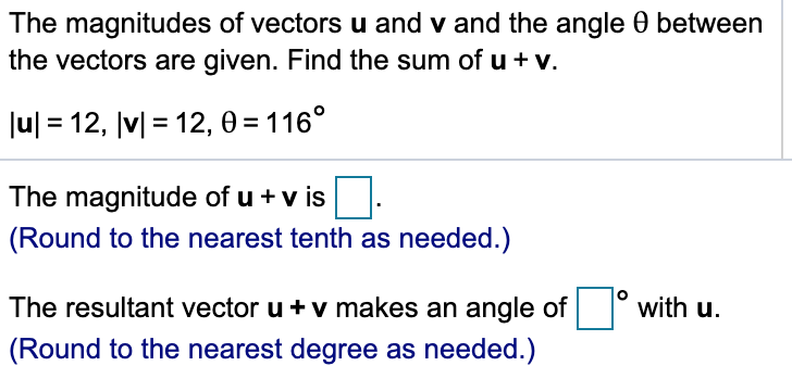 Solved The magnitudes of vectors u and v and the angle 0 | Chegg.com