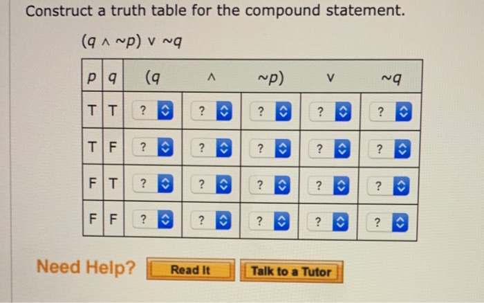 Construct a truth for the compound statement(q^~p)v~q | Chegg.com