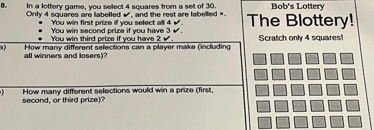 Solved 8. In a lottery game, you select 4 squares from a set | Chegg.com