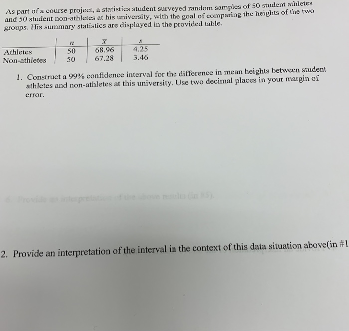 Solved As part o and 5 f a course project, a statistics | Chegg.com
