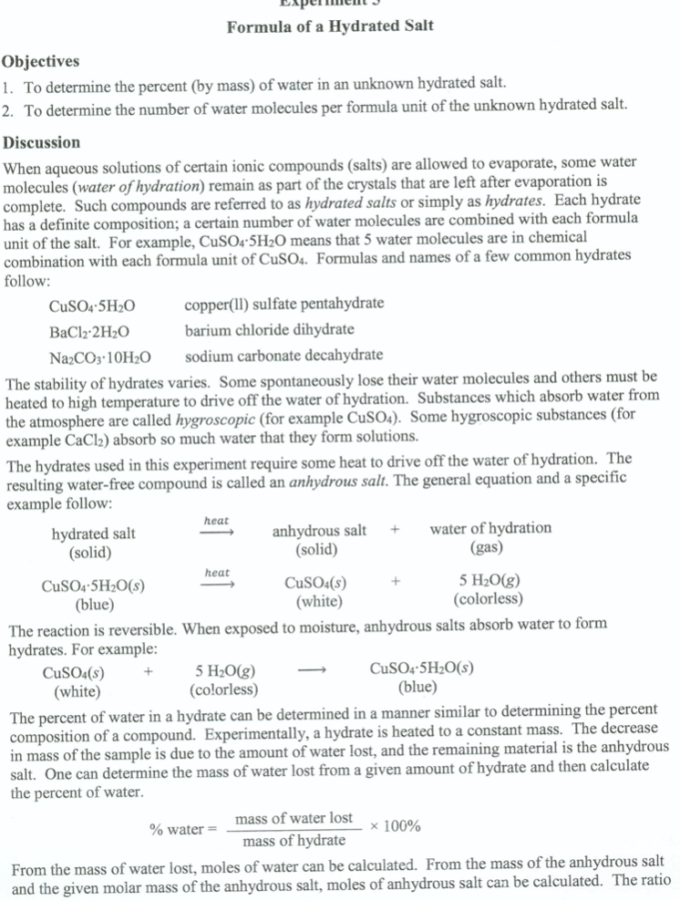 Solved Formula of a Hydrated Salt Objectives 1. To determine | Chegg.com