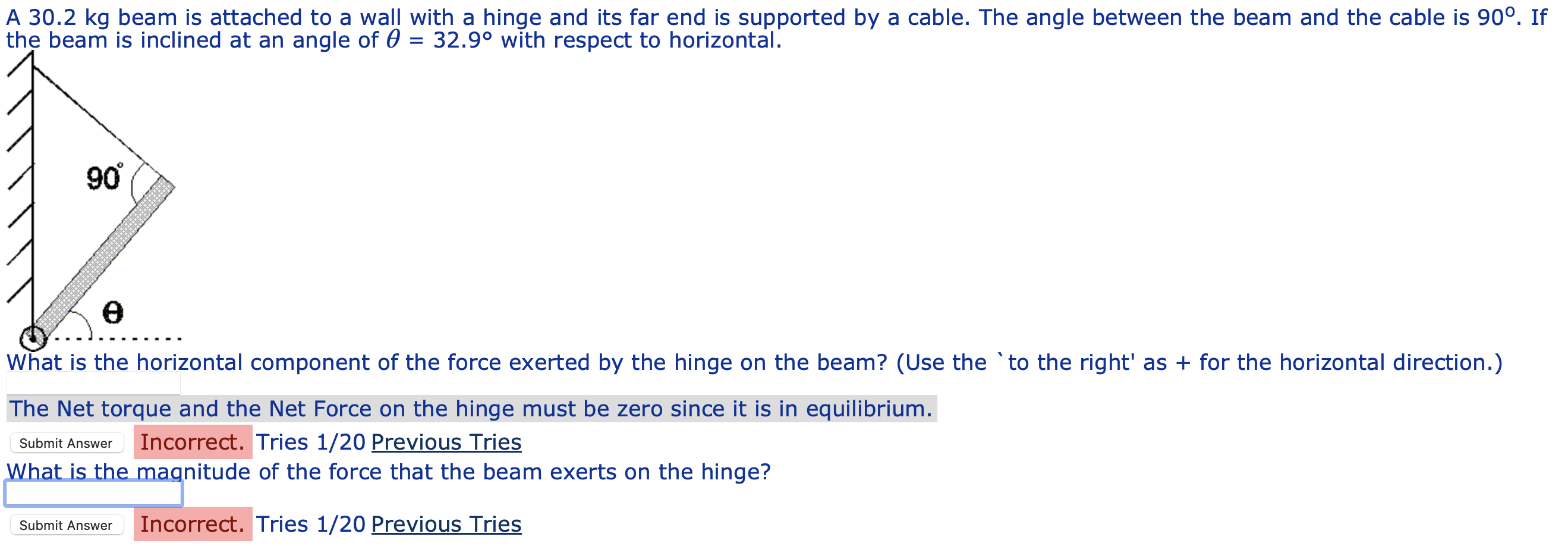 Solved A 30.2 kg beam is attached to a wall with a hinge and | Chegg.com