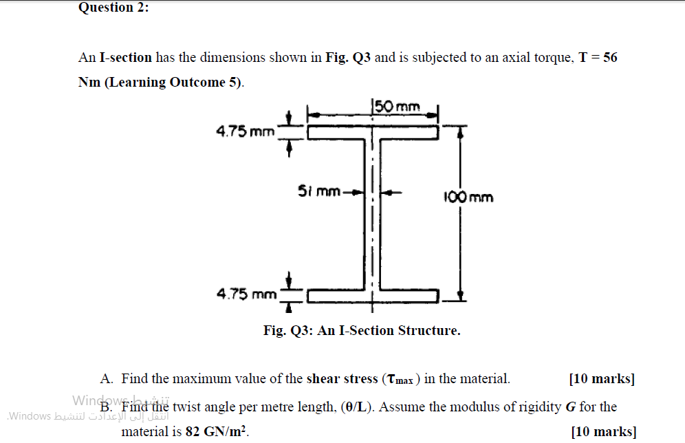 Solved Question 2: An I-section has the dimensions shown in | Chegg.com