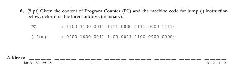 Solved 6. (8 pt) Given the content of Program Counter (PC) | Chegg.com
