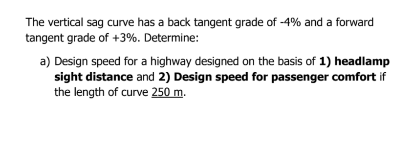 Solved The vertical sag curve has a back tangent grade of | Chegg.com