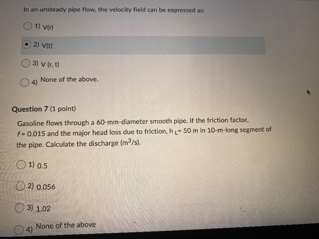 Solved In an unsteady pipe flow, the velocity field can be | Chegg.com